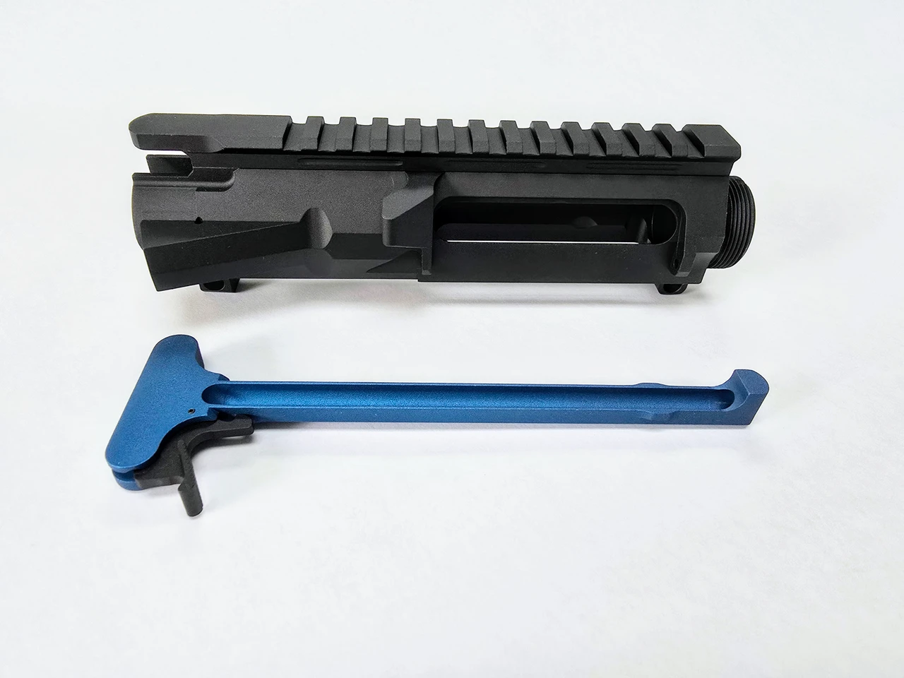 AR-15 Billet Upper with Blue Tactical Charge Handle - Black Aura Tactical