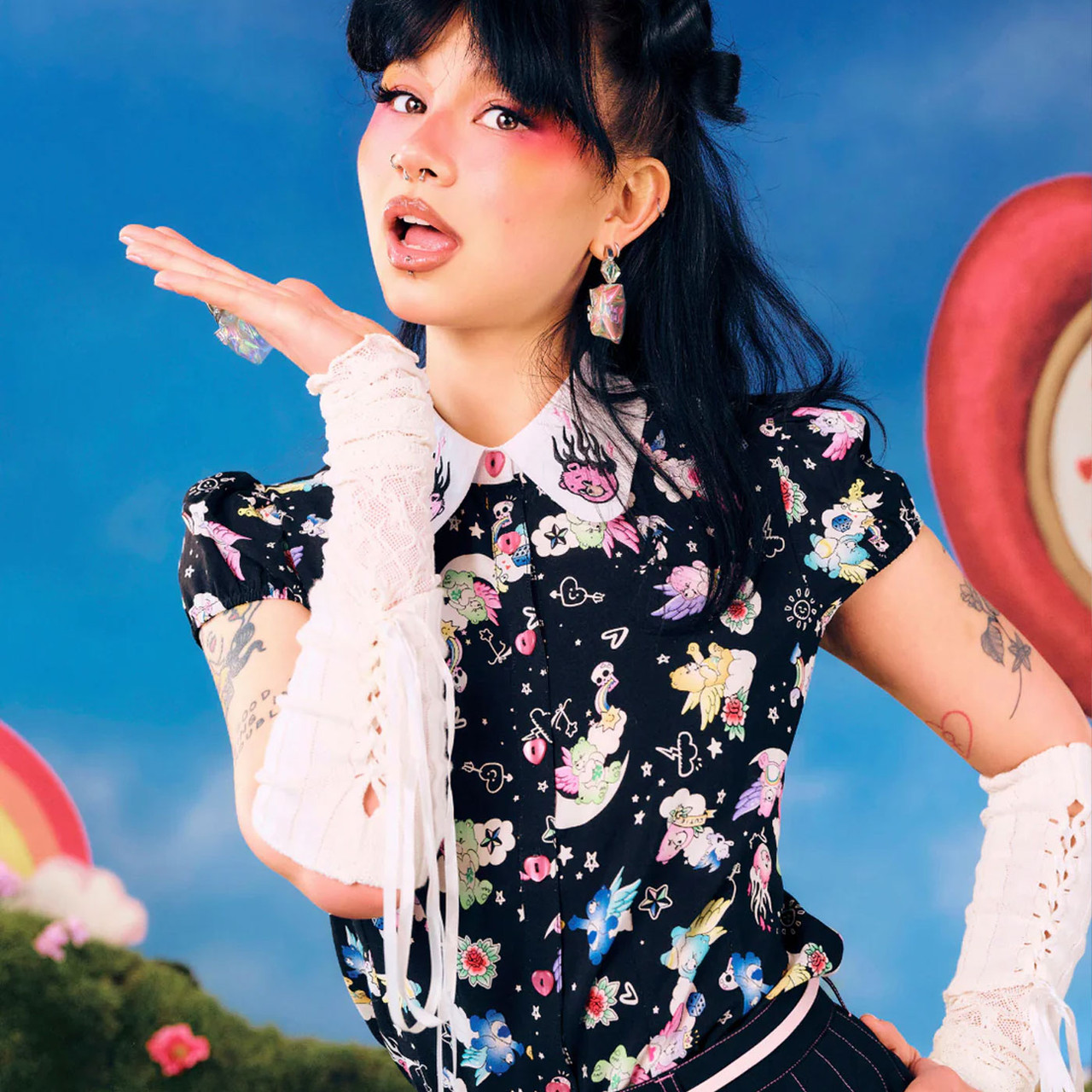 Hell Bunny x Care Bears Roxi Retro Collar Shirt in Black