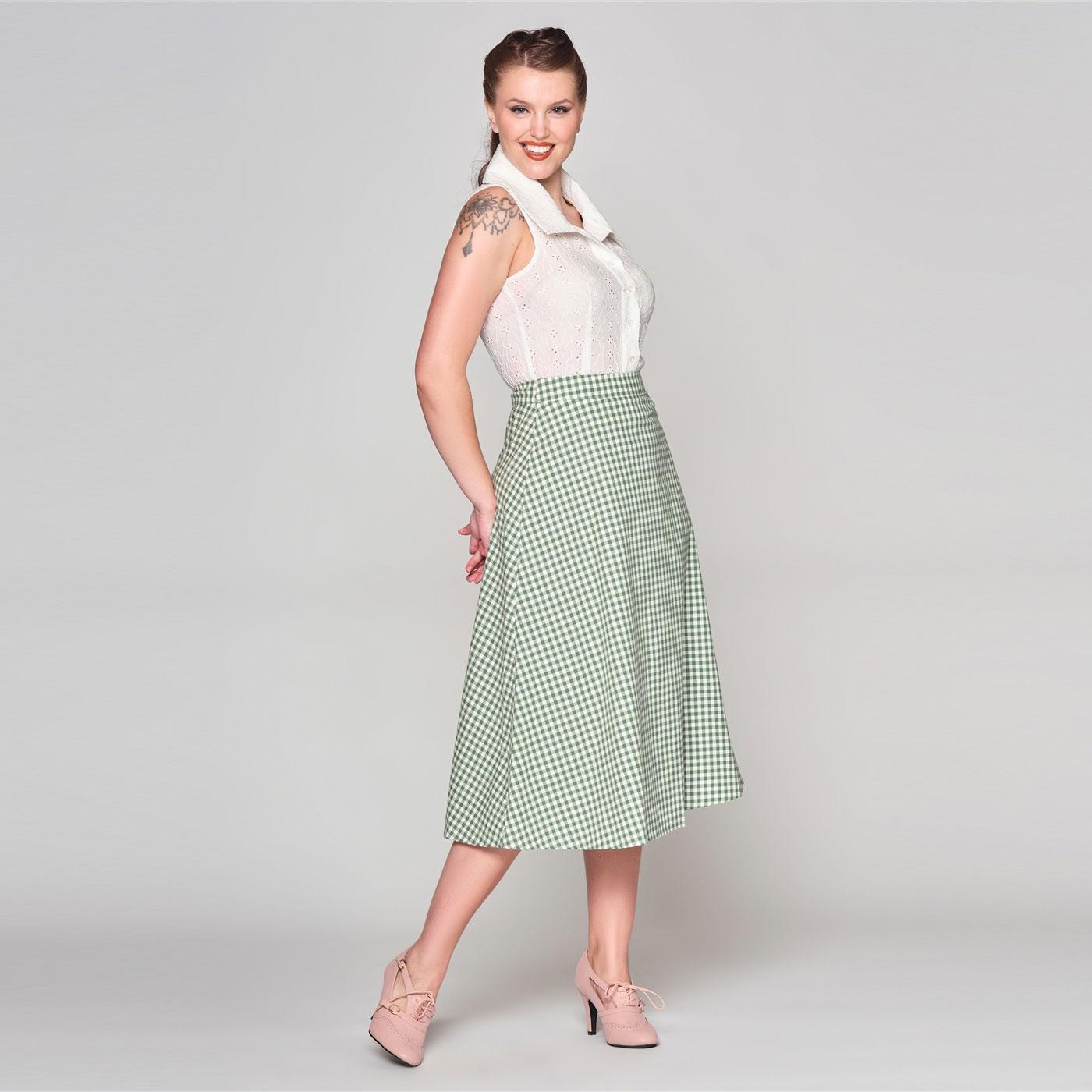 Hetty Collectif Retro 50s Gingham Flared Skirt in Green