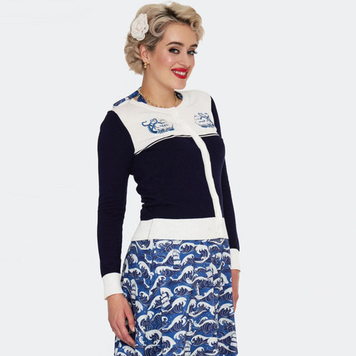 Voodoo Vixen Nautical Wave Retro 50s Knit Cardigan
