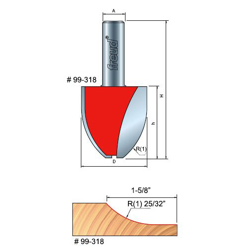 Vertical Raised Panel Router Bit, 1-1/2" Radius, 1-5/8" Carbide Ht, 1-1 ...