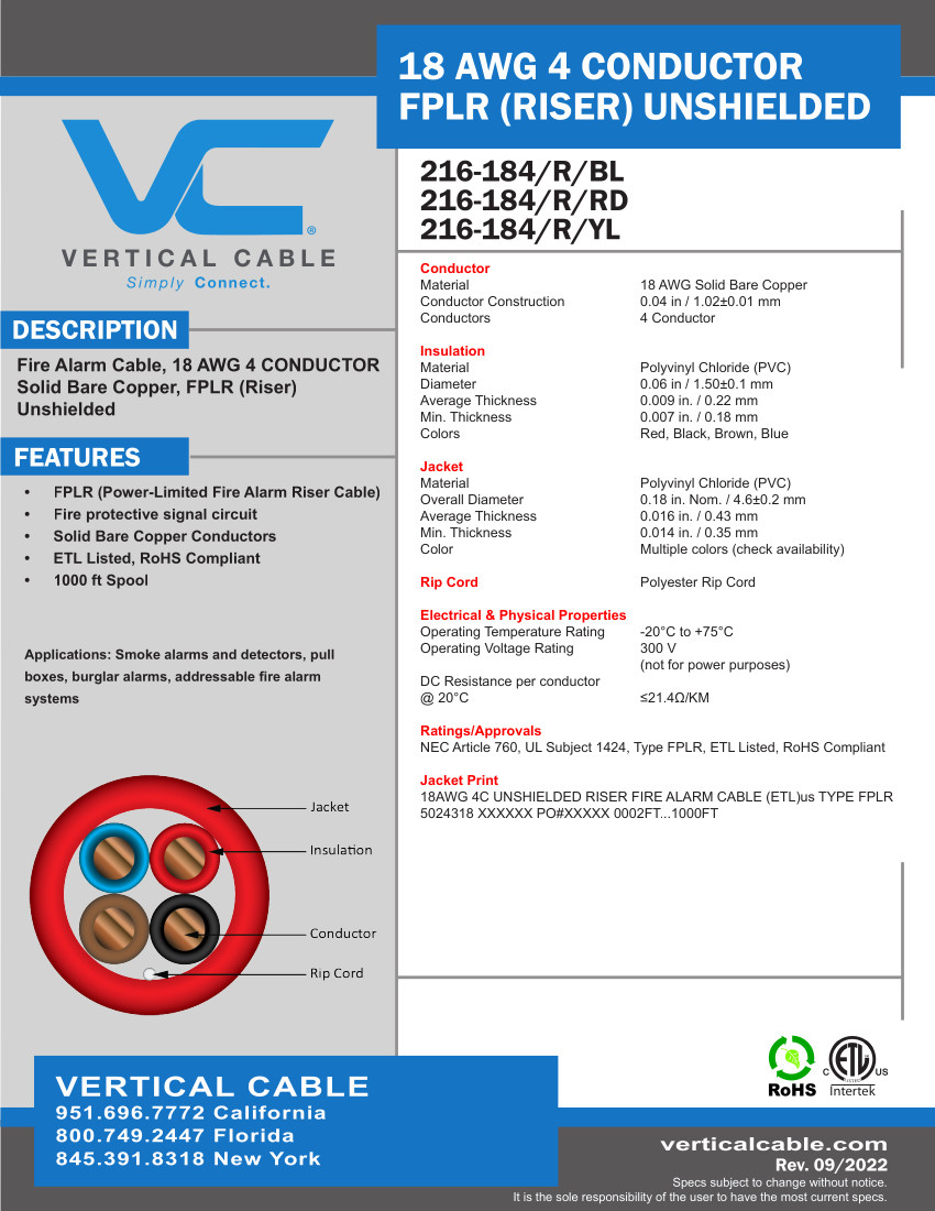 18/4 Fire Alarm Cable Riser, 1000ft Blue - Cables For Less