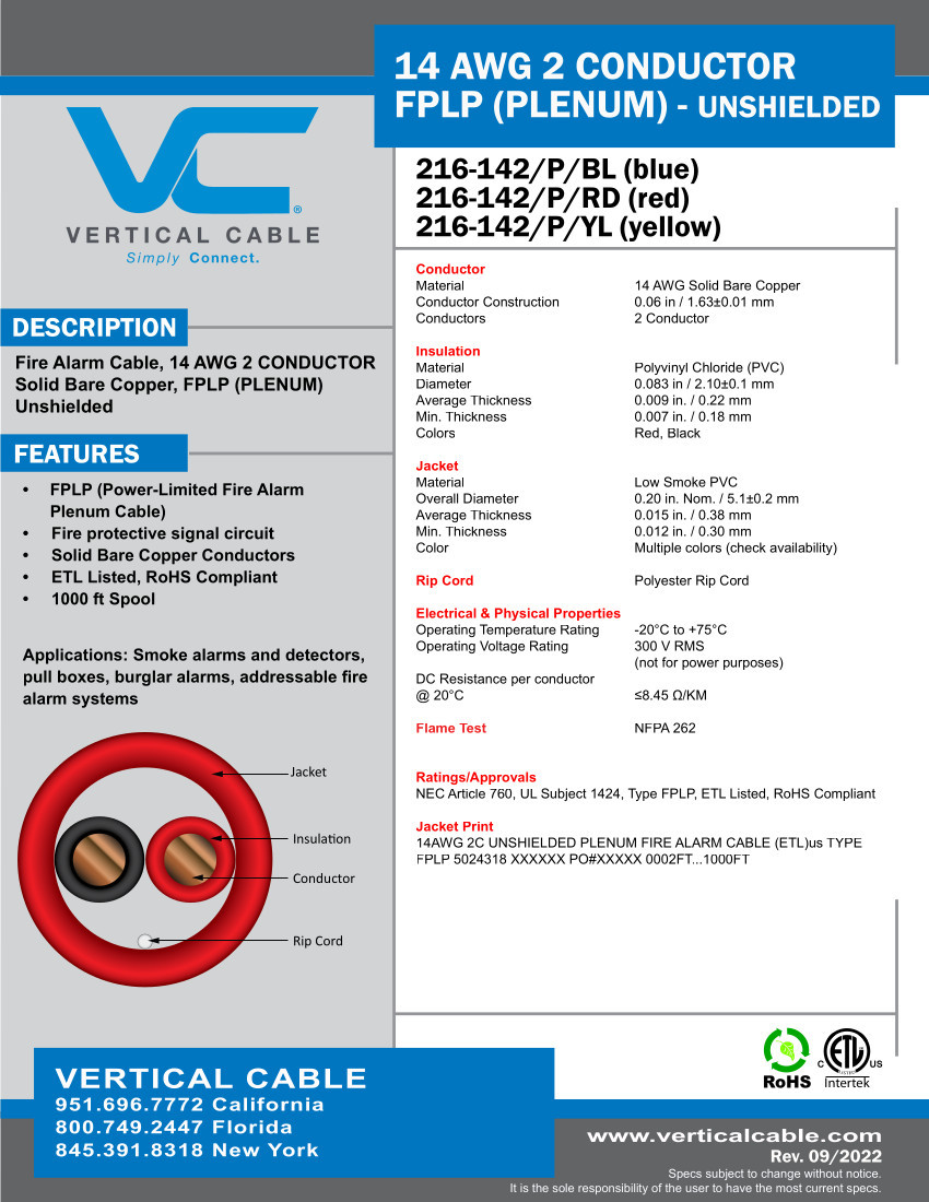 14/2 Fire Alarm Cable, Plenum, 1000ft Yellow - Cables For Less