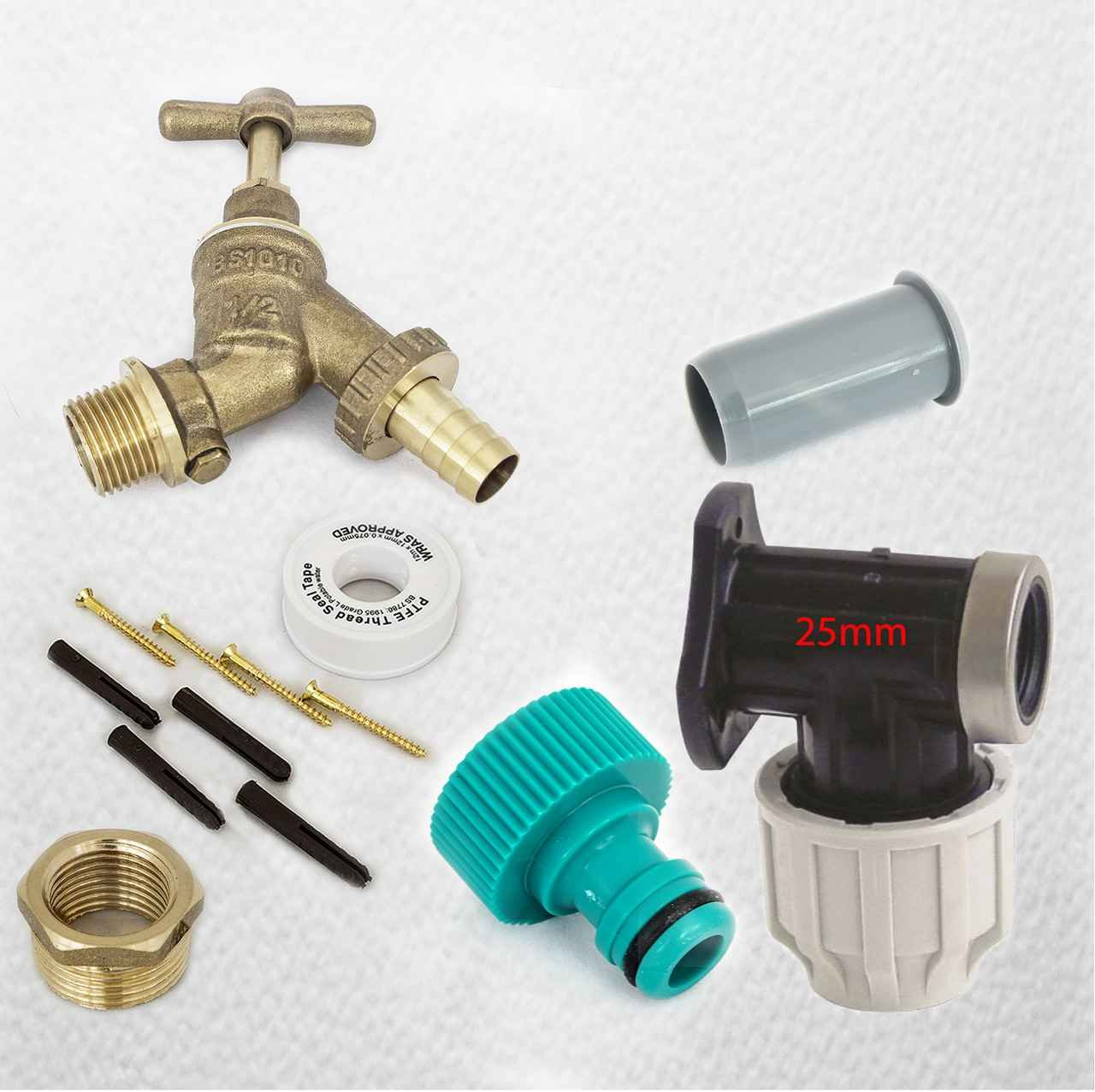 Outside Tap Kit With Wall Plate Elbow and Garden Hose Fitting - FixTheBog