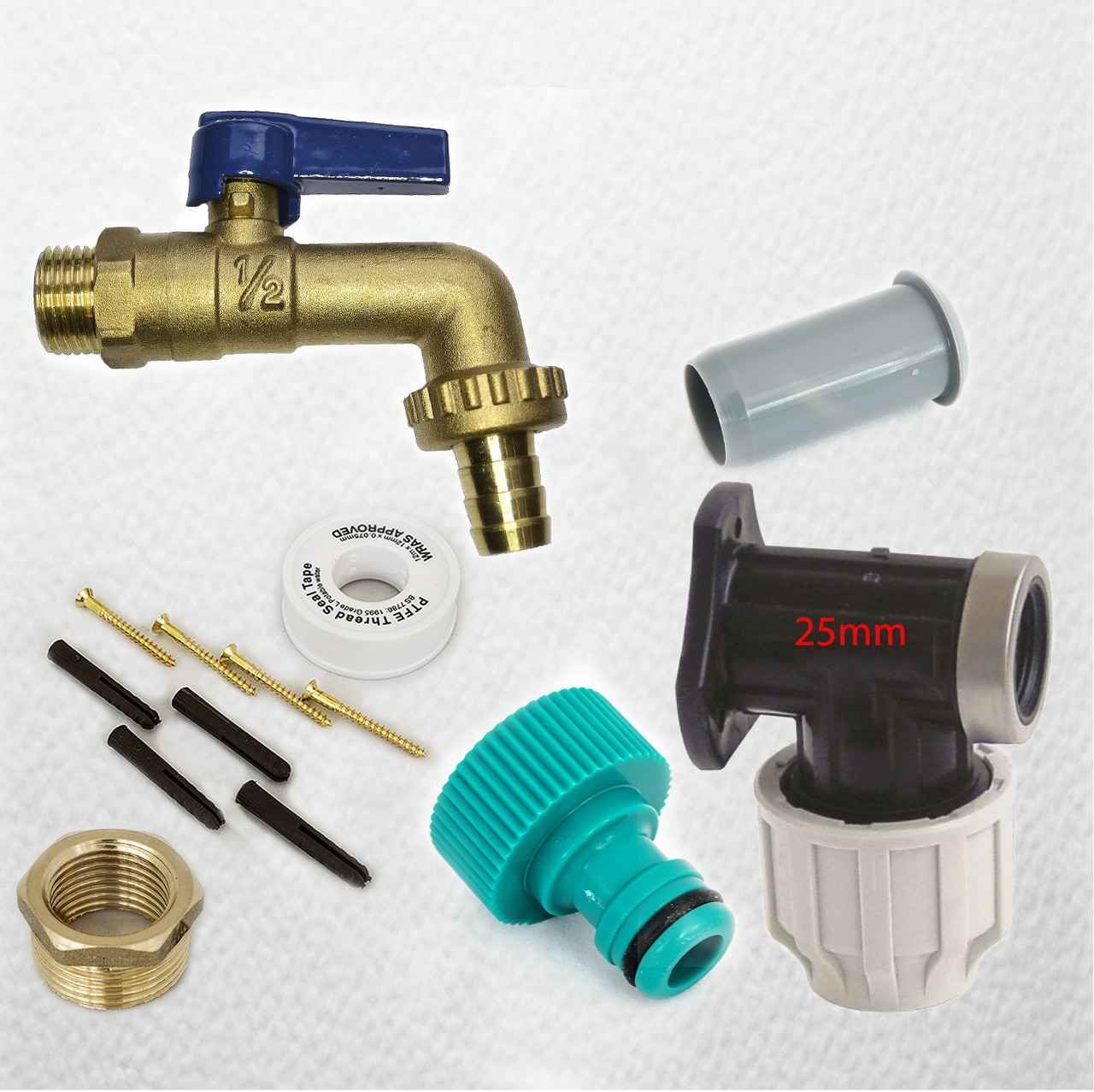 25mm MDPE Outside Tap Kit With Plastic Wall Plate and Garden Hose ...