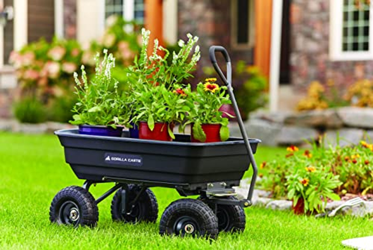 Gorilla Carts GOR4PS Poly Garden Dump Cart with Steel Frame and 10 in. Pneumatic Tires 600 Pound Capacity Black