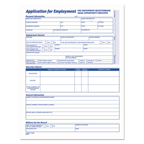 Comprehensive Employee Application Form, One-part (no Copies), 17 X 11 ...
