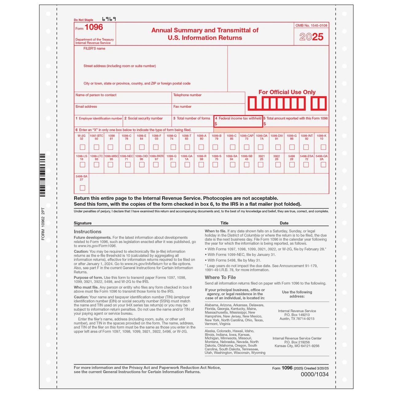 1096052 - Form 1096 Transmittal Summary 2-part (Carbonless ...