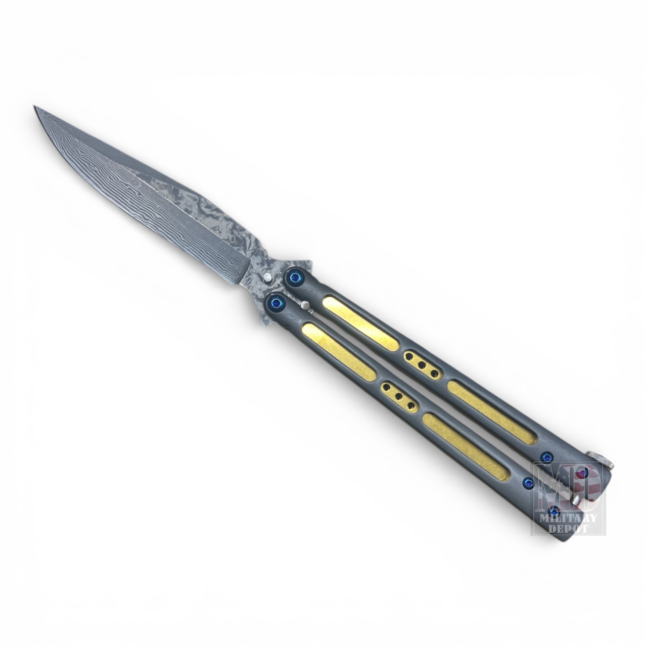 Damascus Butterfly Knife | Gold Inlay Balisong with Titanium Handles
