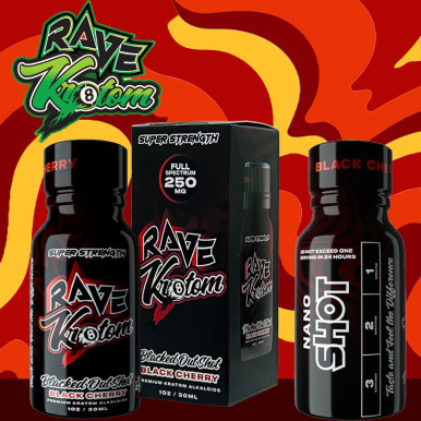 RAVE KRATOM FULL SPECTRUM 250MG SUPER STRENGTH 30ML SHOTS - DISPLAY OF 12