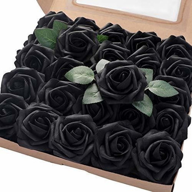 Floroom Realistic Black Foam Fake Roses with Stems x50 Units 7.6cm