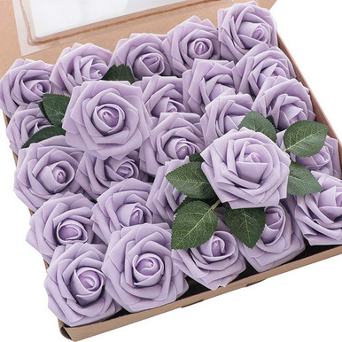 Floroom Realistic Lilac Foam Roses with Stems - 25 pcs