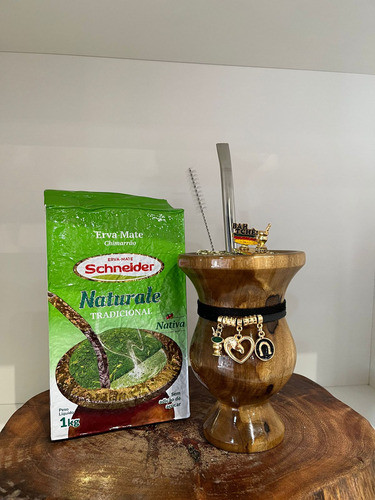Chima Luxo Cuia Chimarrão Imbuia Grande + Bomba De Rosca, Erva E Enfeit