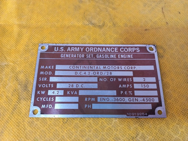 Military Generator Engine Plate - Original US Army Part