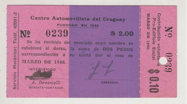 Centro Automovilista Del Uruguay 1946 Monthly Receipt Vintage