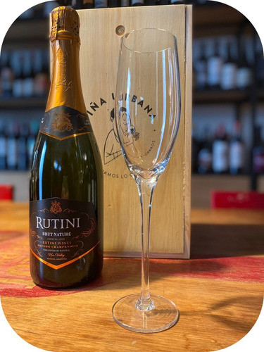 Rutini Brut Nature + Champagne Glass, Wooden Gift Box