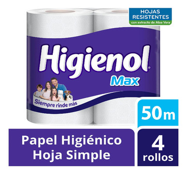 Higienol Max Toilet Paper 4 Rolls x 50m Simple Sheet