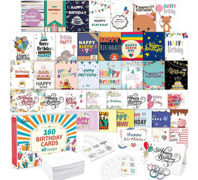 Feela Birthday Cards, Pack of 160 with 40 Designs