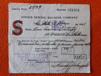 Antique Singer Sewing Machine Receipt with Fiscal Stamp 1941