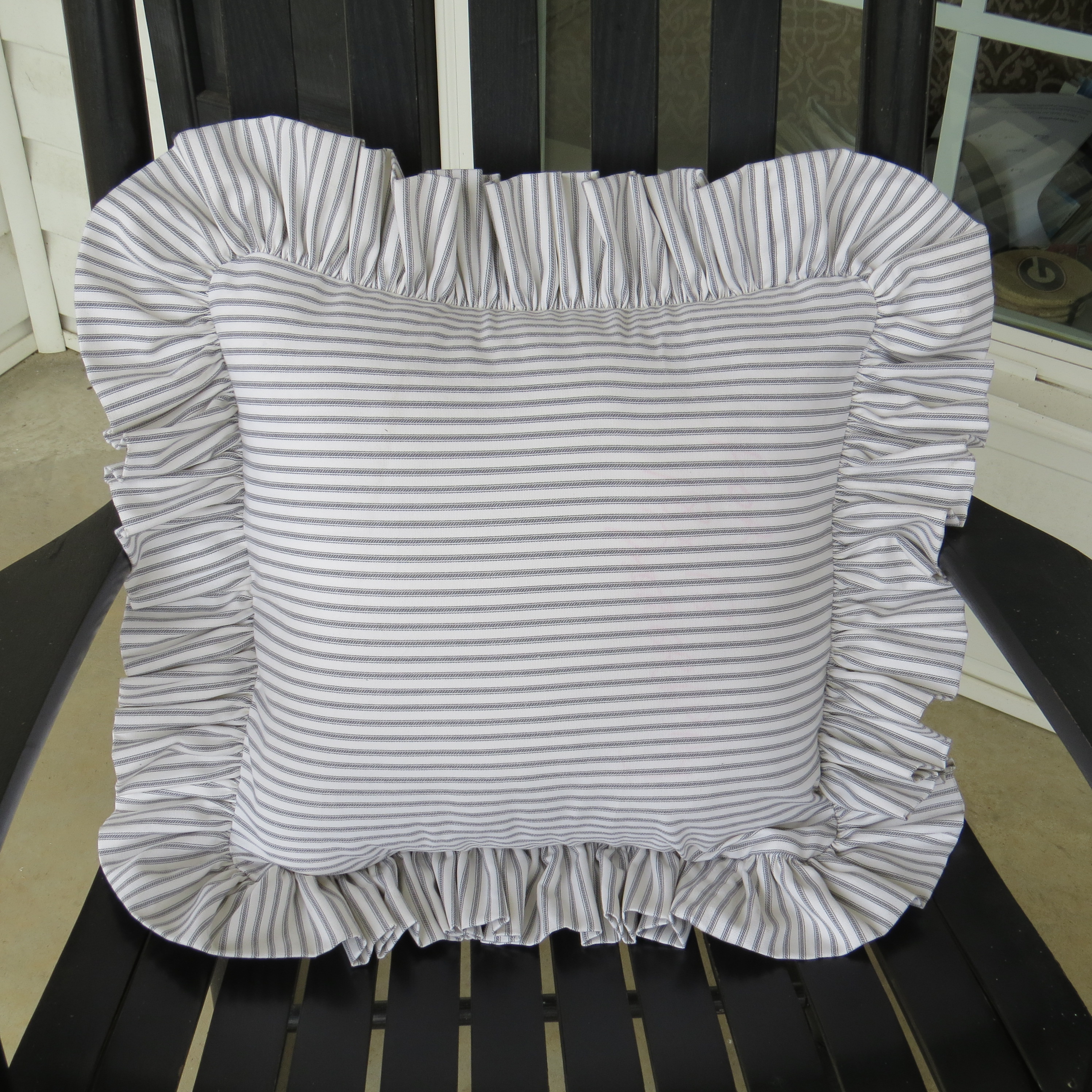 Gray Ticking Stripe Ruffled Decorative Pillow | AB Lifestyles