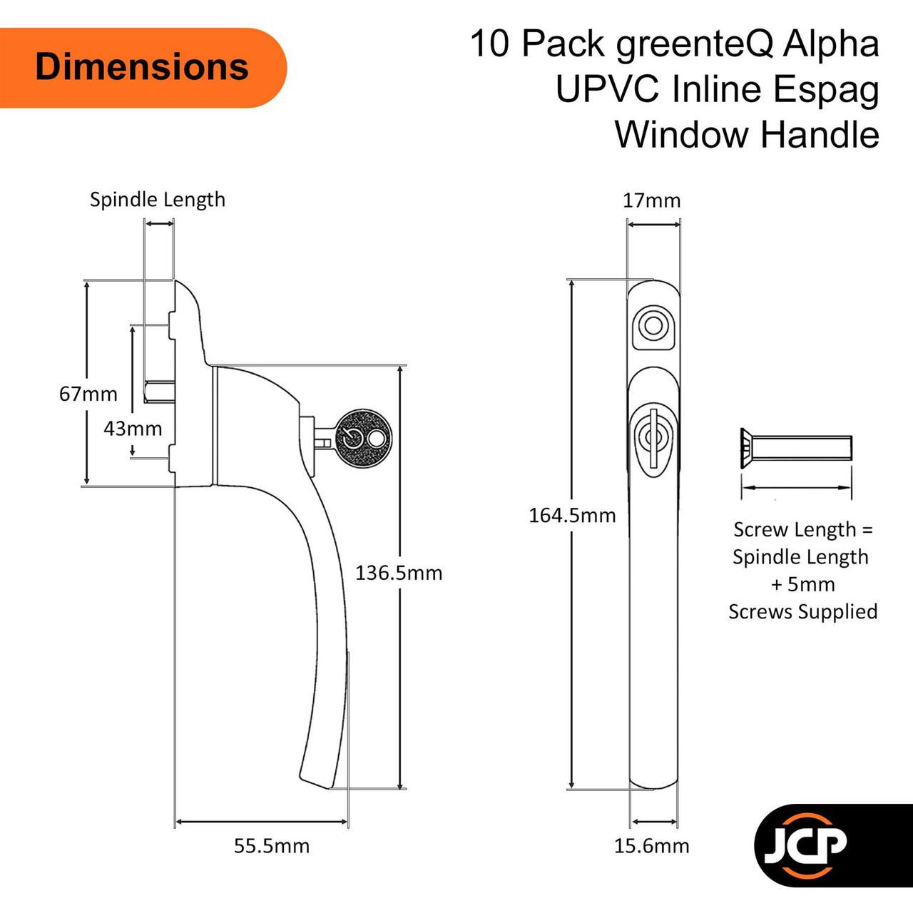 10 Pack greenteQ Alpha uPVC Window Handle Universal Inline Espag Handle ...
