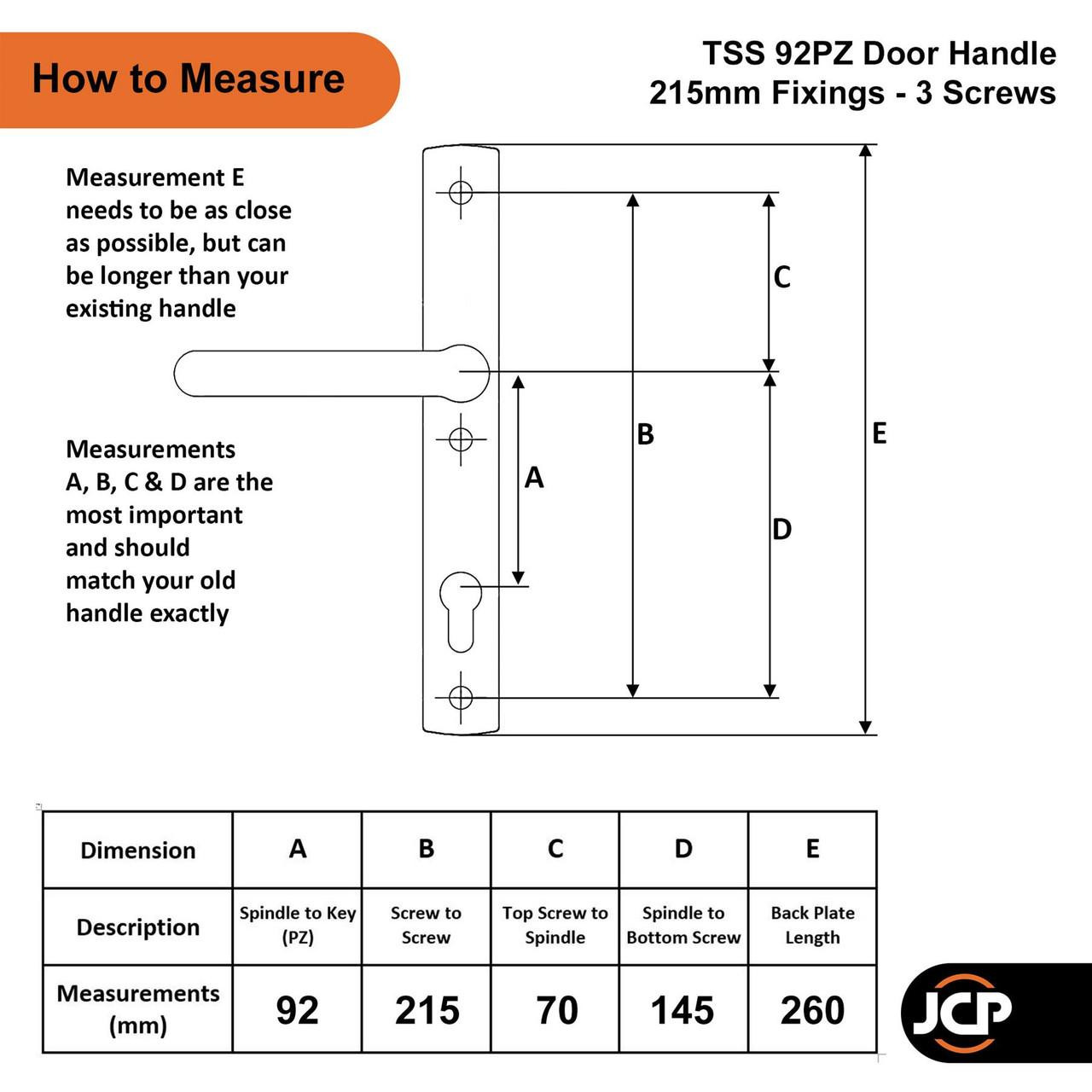 TSS UPVC Door Handle 92mm PZ 215mm Fixings 3 Screw Fixings - JCP Hardware