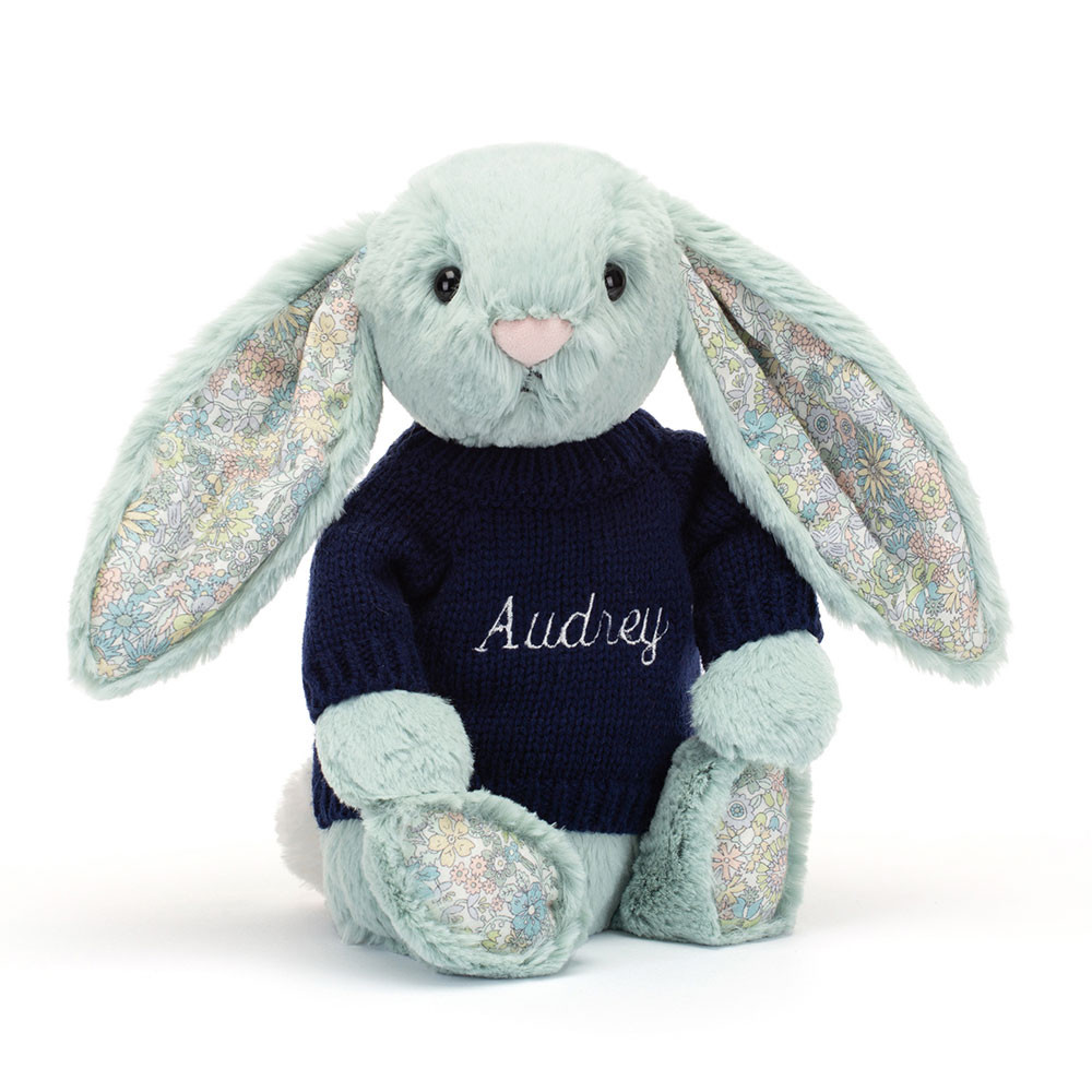 Blossom Sage Bunny with Personalised Navy Jumper - Official Jellycat