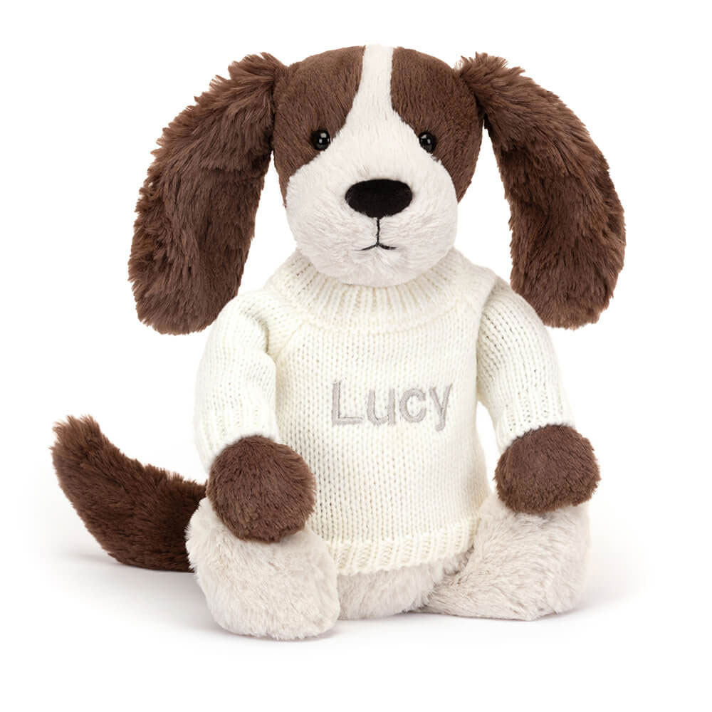 Bashful Fudge Puppy with Personalised Cream Jumper - Official Jellycat