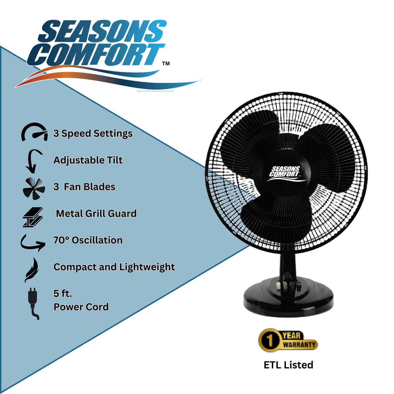Seasons Comfort 16 Inch Tabletop Oscillating Fan FTT16