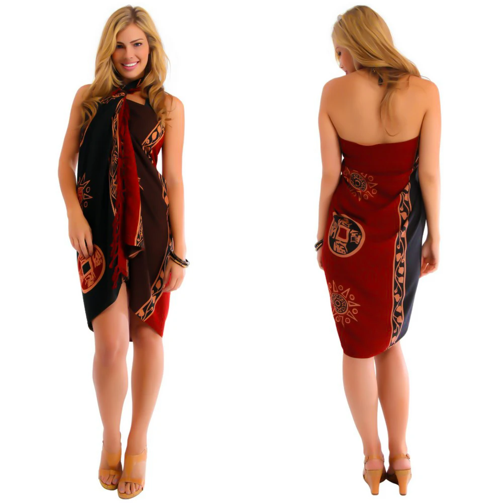 Abstract Tiki Sarong in Black/Brown/Burgundyl