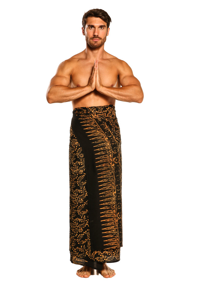 Mens Plus Size Abstract Floral Sarong Fringeless Gold and Black