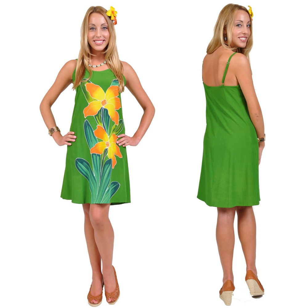 Green Womens Sundress With Hand Painted Orchid Design