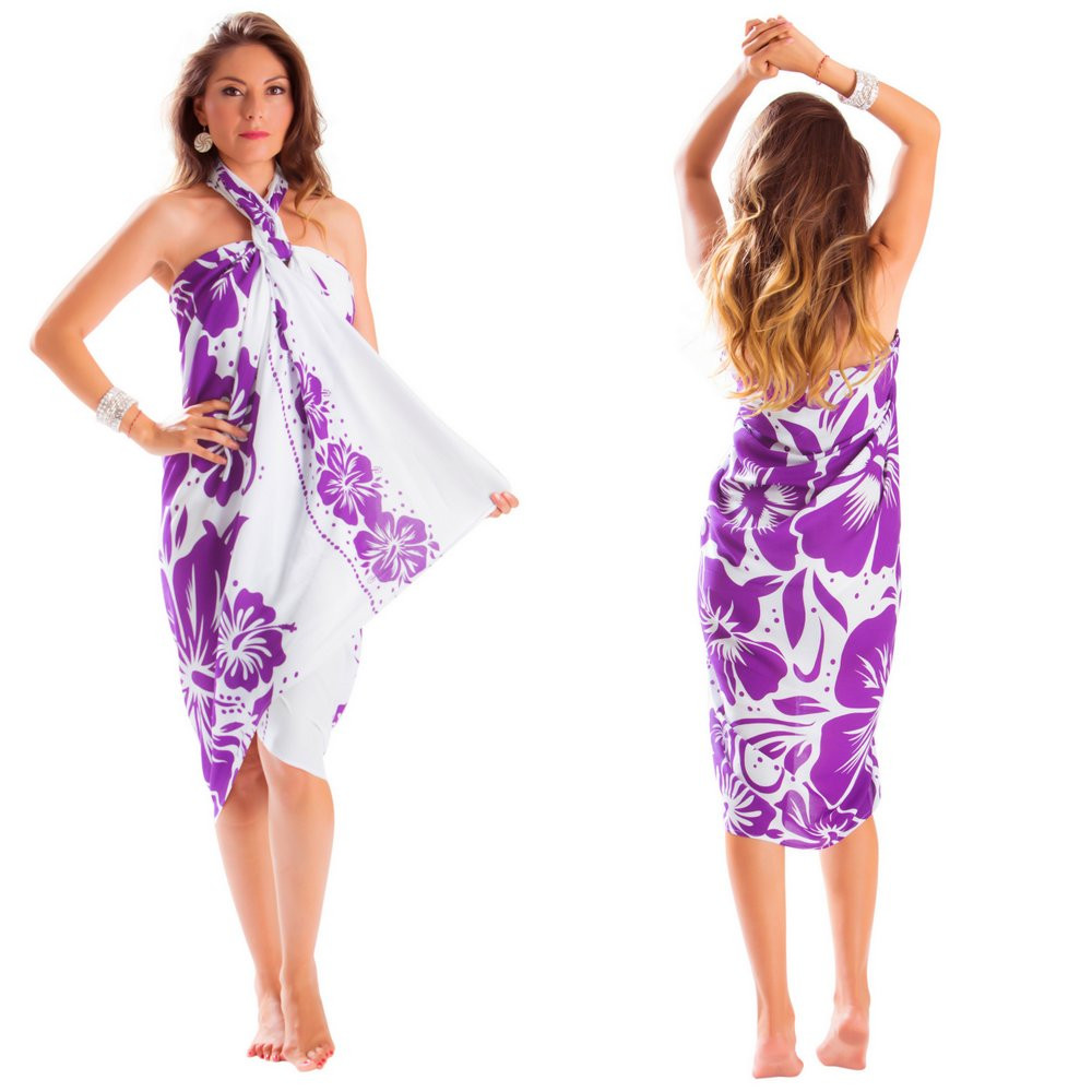 Floral Sarong "Sweet Mulberries" Purple and White - Fringeless Sarong
