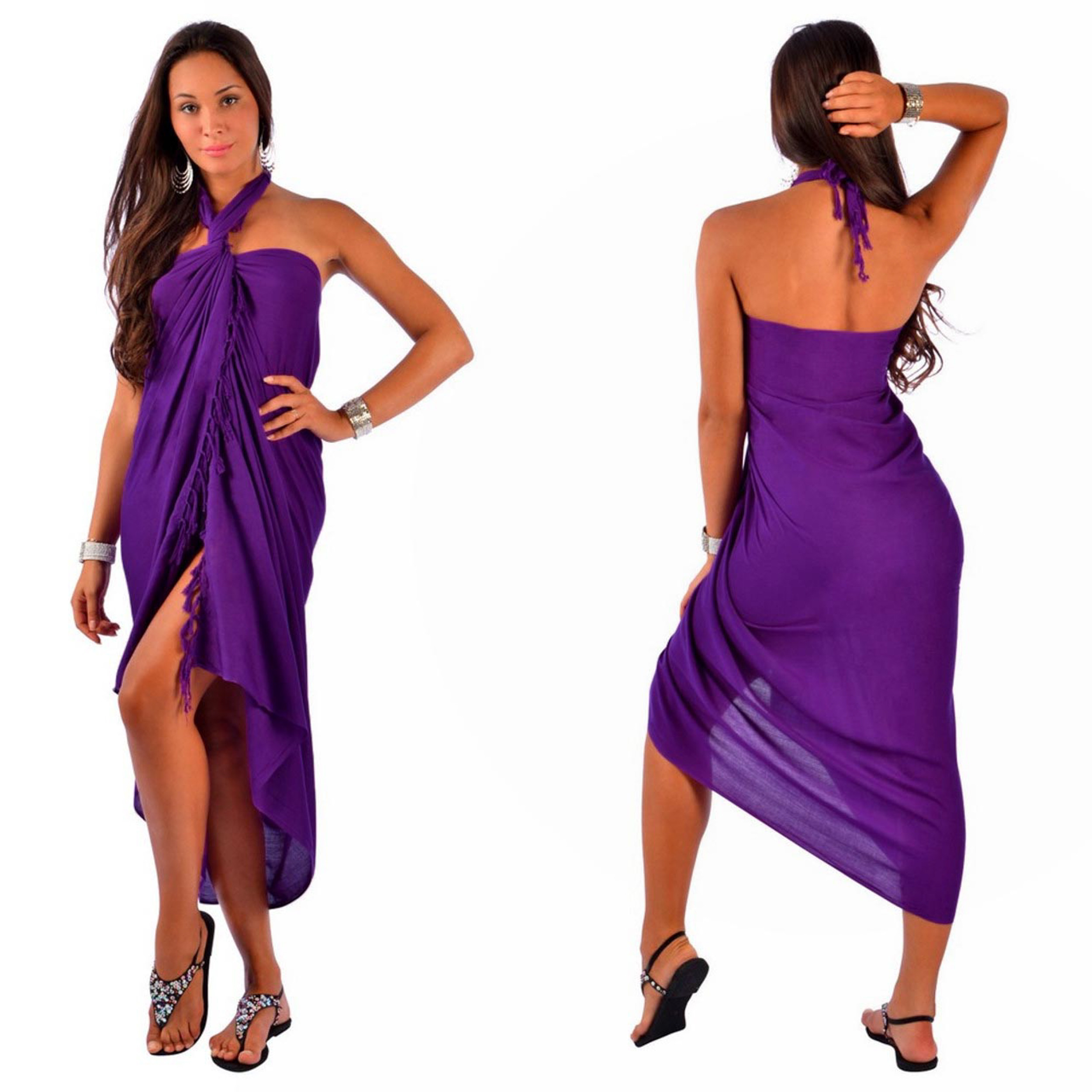 Triangular Sheer Sarong with Fringed with Shells in Purple