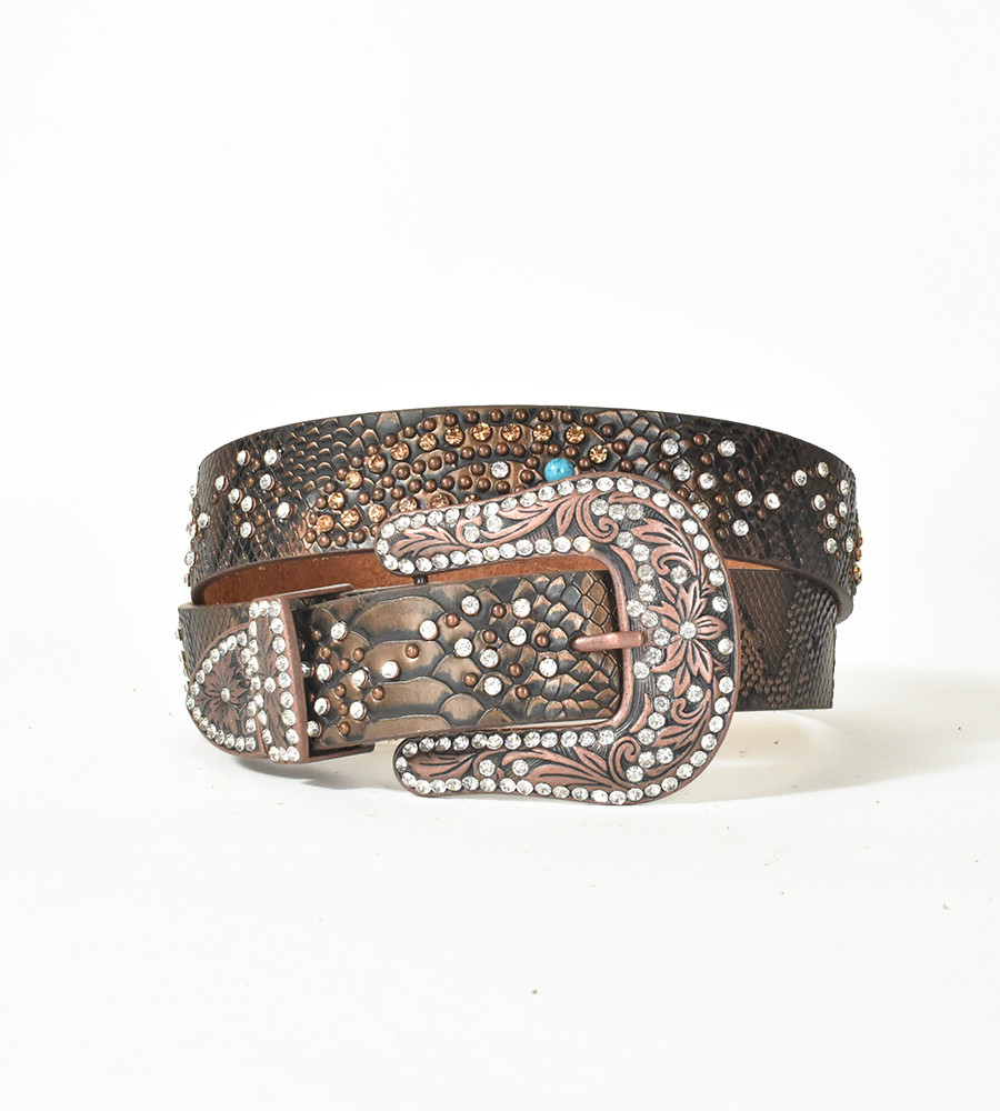 Turquoise Three Line Rhinestone Studded Leather Belt - Cowgirl Tuff Co ...