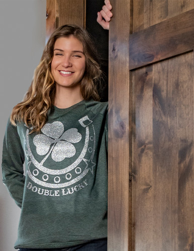 Double Lucky Bling Junior Fit Crew-Neck (Pine) - Cowgirl Tuff Co. & B ...