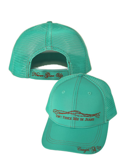 Cowgirl Tuff Trucker Cap. Turquoise With Brown Barbed Wire Embroidery ...