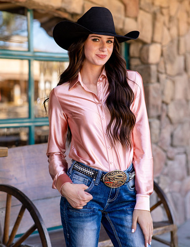 Pullover Button Up (Champagne Light Pink Satin Lightweight Stretch ...