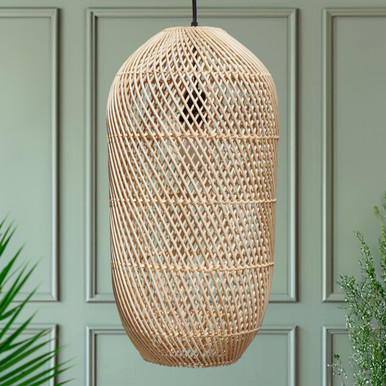 Cylinder Rattan Pendant Light – Hand-Woven 21"H x 10"W