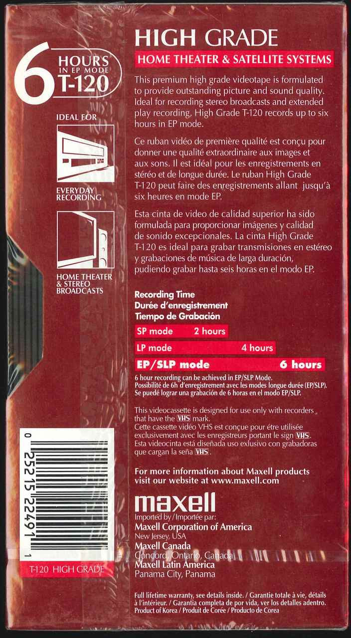 Maxell VHS Video Cassette T-120 High Grade