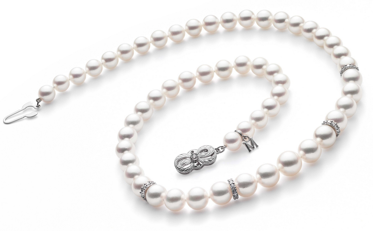 18" Akoya Cultured Pearl Graduated Strand Necklace with Diamond Rondelles – 18K White Gold Clasp ...