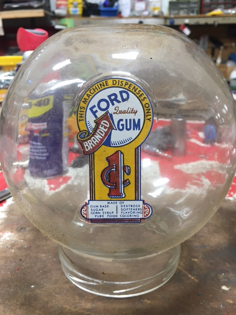 1 Cent Penny Ford Gumball Machine with Glass Globe and Serial Number Collar