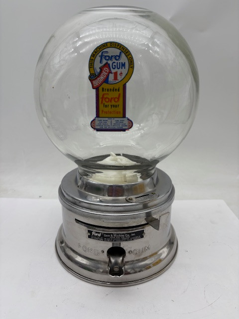1 Cent Penny Ford Gumball Machine with Glass Globe and Serial Number Collar