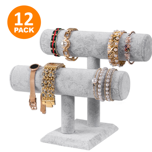 Polmart Double T-Bars 2-Tier Jewelry Display, Gray Velvet (12-Pack ...