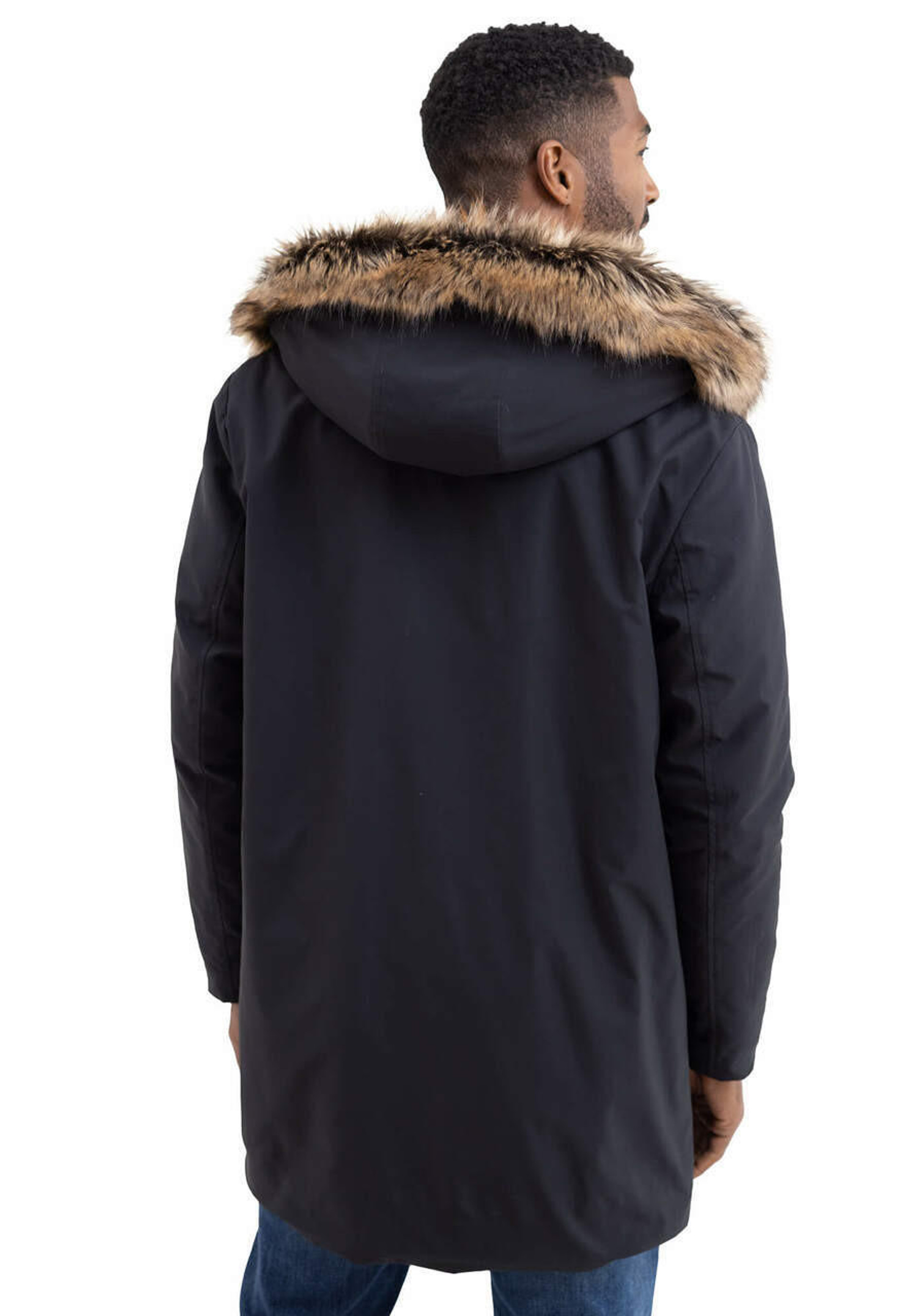 Men's Black Faux Fur-Trimmed Hooded Storm Coat