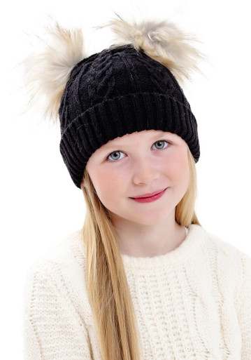 Kid's Black Cableknit Faux Fur Pom Beanie Kids Kid's Black Cableknit Faux Fur Pom Beanie Kids