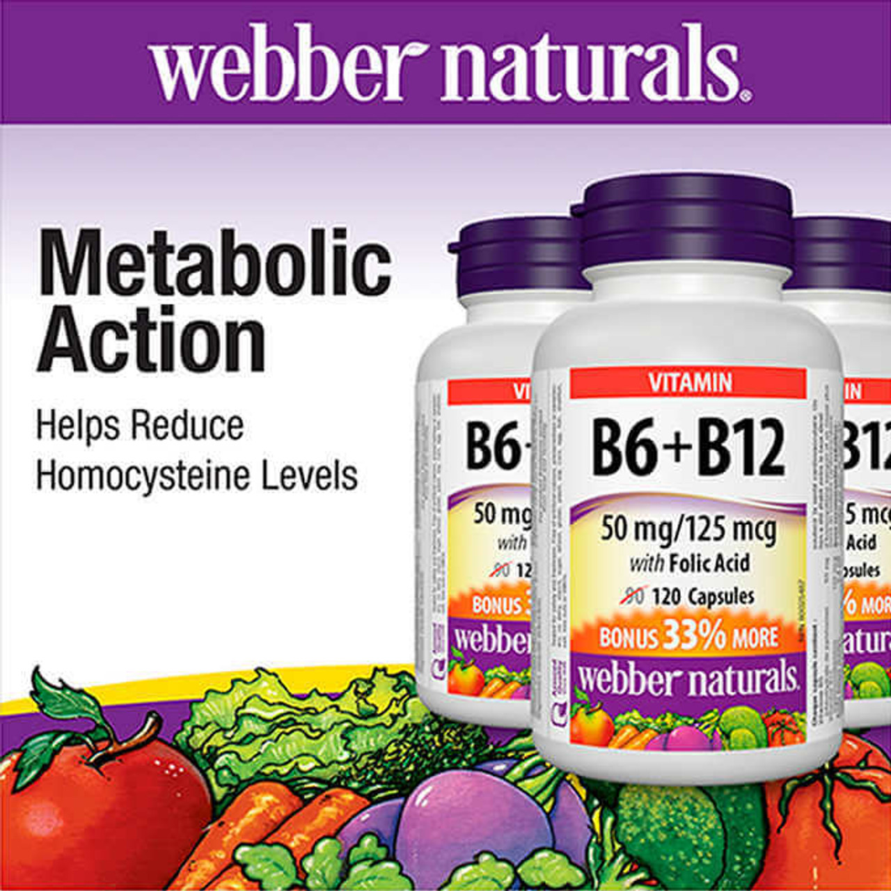 Webber Naturals B6, B12 with Folic Acid - 3 x 120 Capsules | Vitamin B Complex Support
