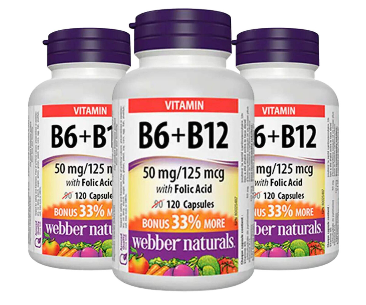 Webber Naturals B6, B12 with Folic Acid - 3 x 120 Capsules | Vitamin B Complex Support