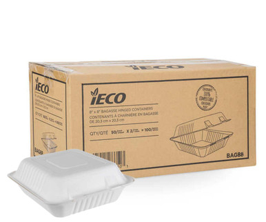 iEco 8” x 8” Hinged Bagasse Hinged Containers - 100/case, Microwavable ...