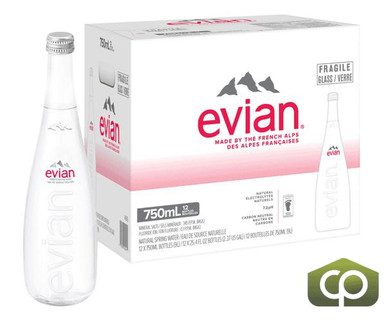 Evian Natural Spring Mineral Water, 750ml/25.3oz Glass Bottles (12 Pack)